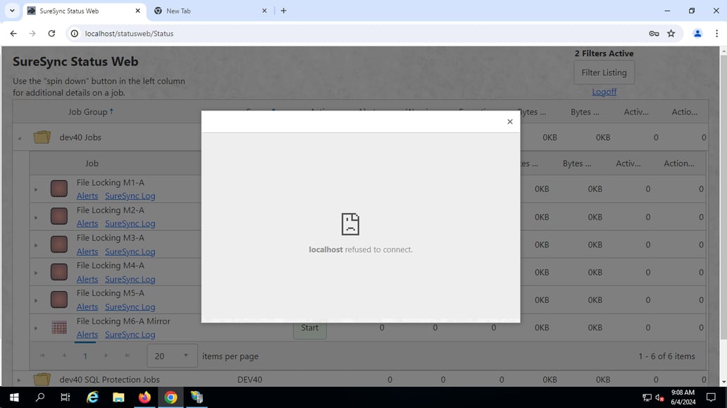 Status Web displays a "refused to connect" message when attempting to start or stop a Job